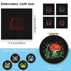 ERKOON 5 Sets Embroidery Kit for Beginners, Art Craft Handy Sewing Set Mushroom Cross Stitch Starter Kits, DIY Embroidery Kits with Patterns and Instructions Hoops Needles Threads
