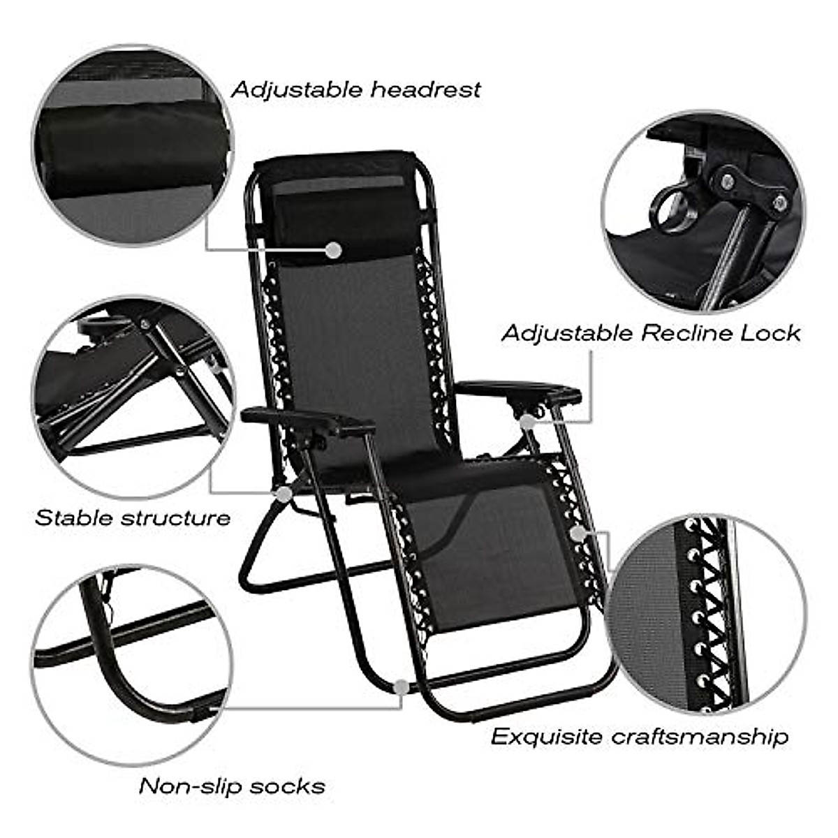 HCB Zero Gravity Chair Patio Folding Lawn Lounge Chairs Outdoor Lounge Gravity Chair Camp Reclining Lounge Chair with Pillows for Vacation (Black)