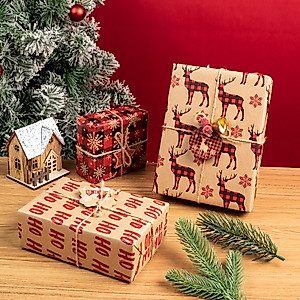 LeZakaa Christmas Kraft Wrapping Paper - Mini Roll - Reindeer/Buffalo Plaid with Snowflake/HOHOHO Lettering for Gift Wrap, Arts Crafts - 17 x 120 inches - 3 Rolls (42.5 sq.ft.ttl.)
