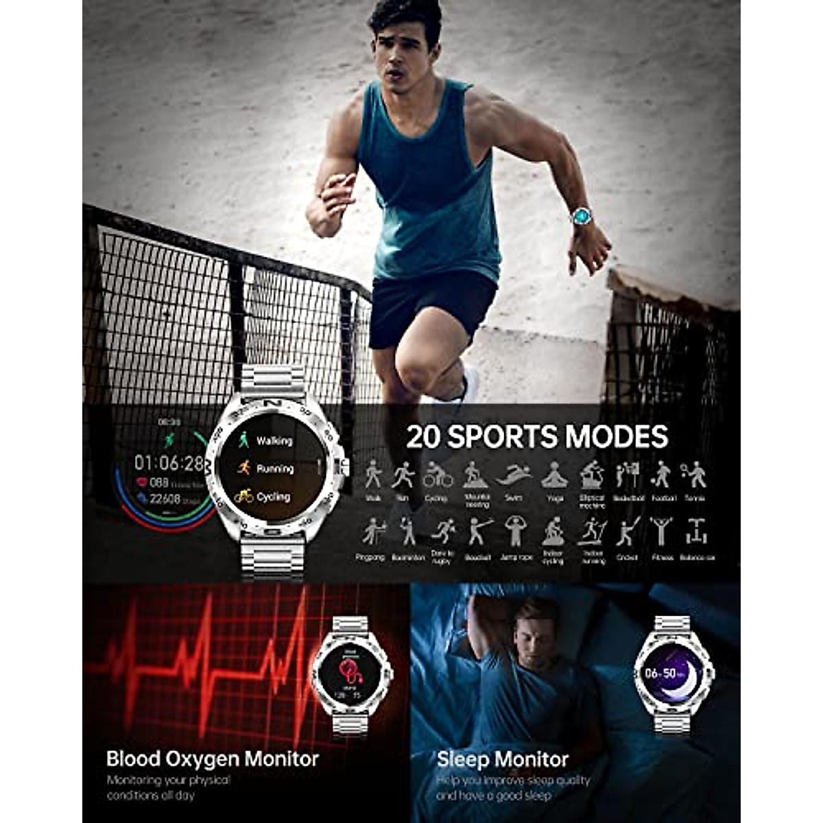 PODOEIL Men's Smart Watch for Android iOS Phones Text and Call, 1.32" Smartwatch Fitness Watch Tracker with Heart Rate Sleep Tracking Blood Pressure Monitor, Smart Watches for Men Women(Silver)