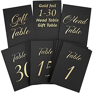 Black Wedding Table Numbers 1-30 with Gold Foil Letters - Table Number Cards 4x6 with Head & Gift Table - Wedding Numbers for Tables Card Stock Wedding Table Numbers for Tables - Wedding Reception