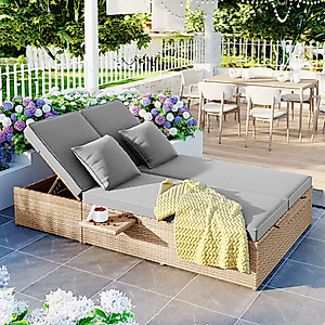 Merax Patio Conversation Set, Outdoor Double Sunbed Wicker Rattan Patio Reclining Chairs with Adjustable Backrest and Seat, Brown