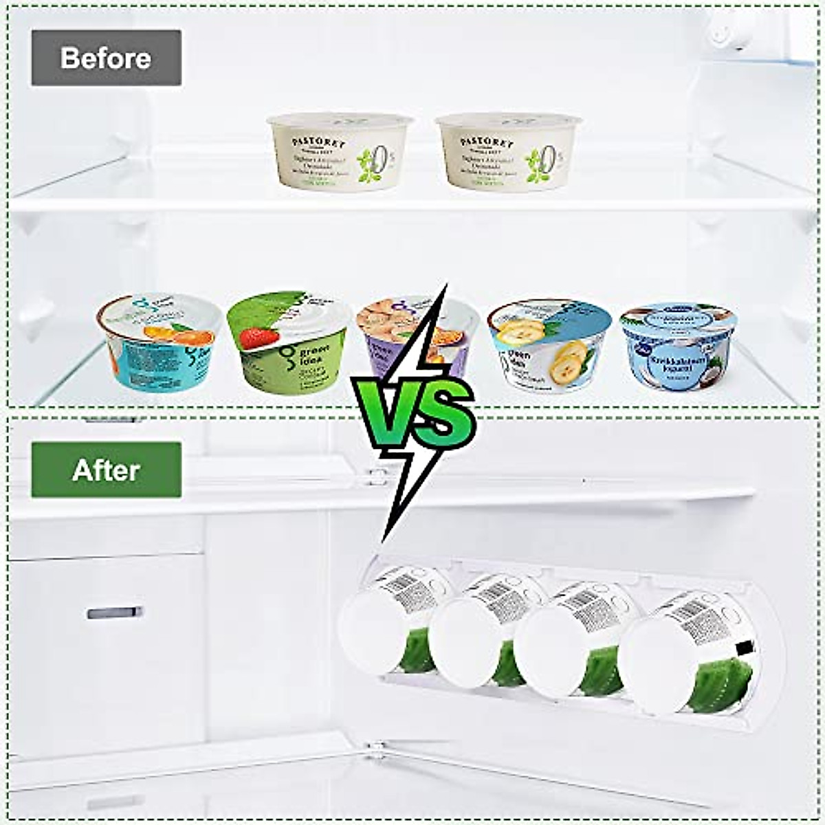 ChengFu Yogurt Organizer for Fridge, 2 Pack Yogurt Organizer, Yogurt Organizer for Greek and Vegan Yogurts, Holds 4 of 3.75" yogurts, Refrigerator Organizer Storage, Space Saving,Peel & Stick, White