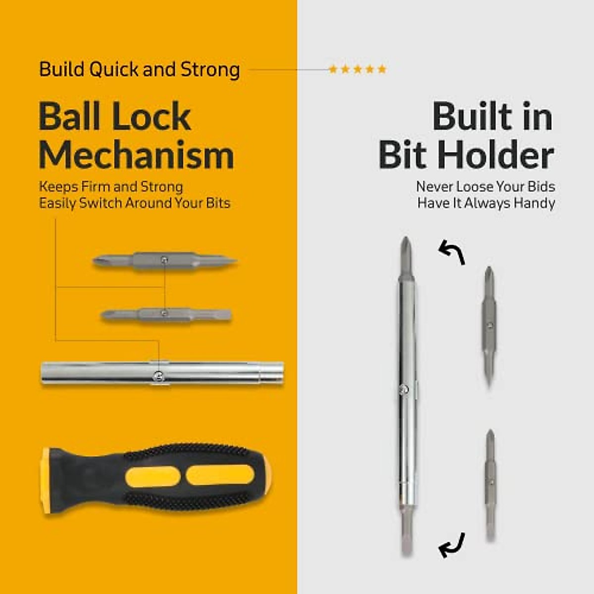 6 in 1 Screwdriver set with Comfortable Non-Slip Grip, Multi-tool Screw Driver Bit Set multipurpose, All in 1 Nut Driver with Phillips/Slotted Super Quality Steel Bits, with Built-in bit holder