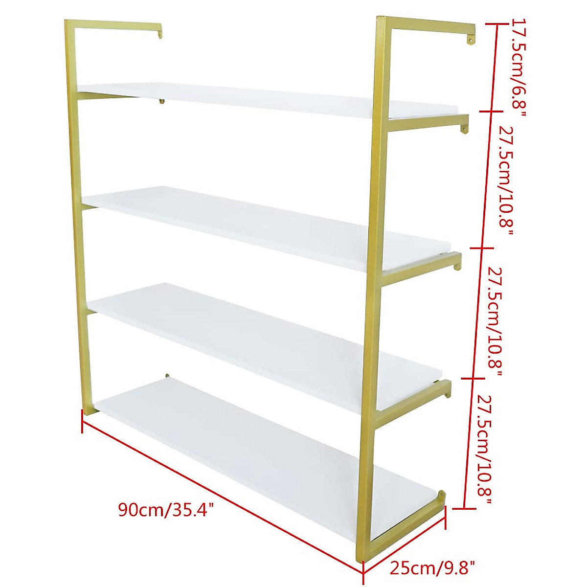 Wall Mounted Floating Shelves 4 Tier Wood Wall Shelves Bookshelf with Golden Metal Brackets-White Wood Shelves Set for Living Room Office Bedroom Kitchen