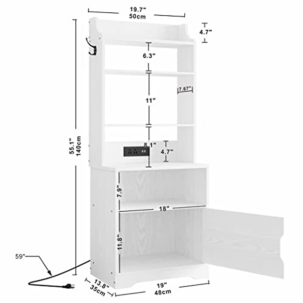 LIKIMIO Night Stand 55" Tall, End Side Table with with Charging Station and Storage Cabinet, Small Bookshelf, for Living Room Office Bedroom, Industrial White