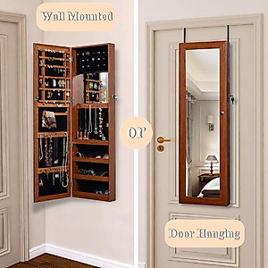 Brefhome Jewelry Armoir, Brown Wood Full Length Mirror Jewelry Cabinet with Storage, Necklace Organizer, Hanging Jewelry Holder Organizer Box