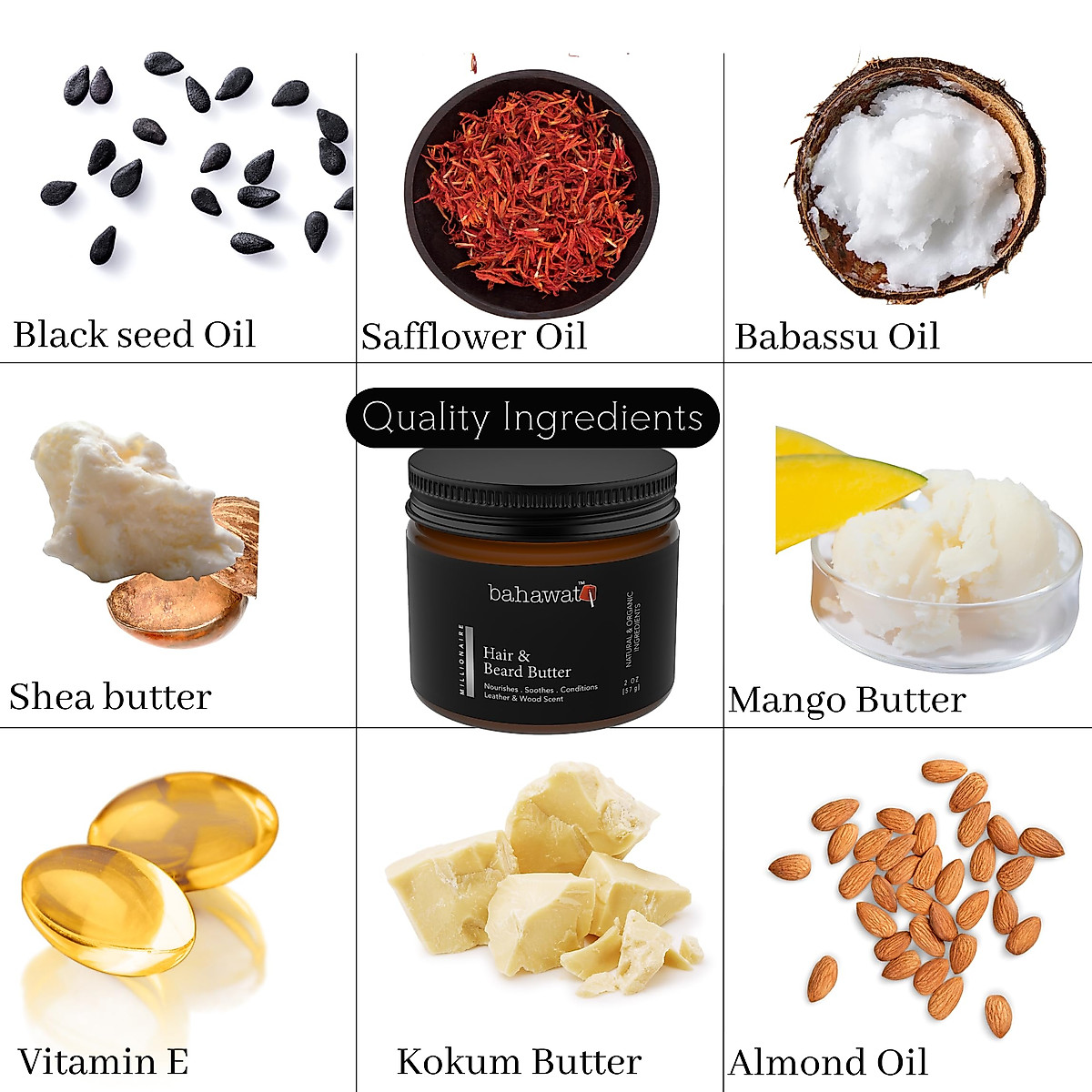 BAHAWAT Beard Butter for Men Leave-in Conditioner Leather, Sandalwood - Strengthen, Soften & Moisturize While Relieving Itch – Made in USA with Organic, Natural Ingredients Best Beard Butter -2 oz