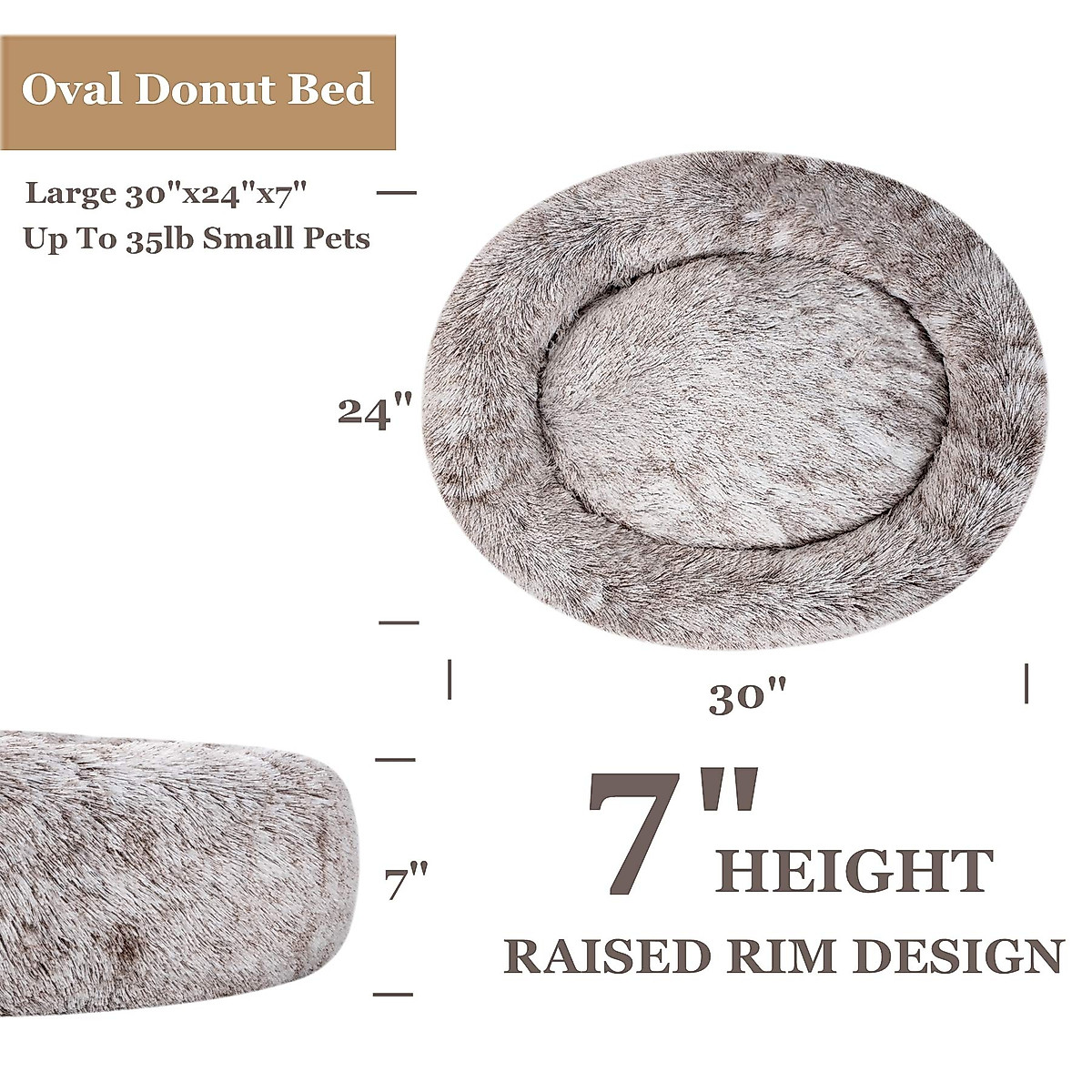 Coohom Oval Calming Donut Cuddler Dog Bed,Shag Faux Fur Cat Bed Washable Round Pillow Pet Bed(30"/36"/43") for Small Medium Dogs (L(30"x24"x8"),Light Brown)