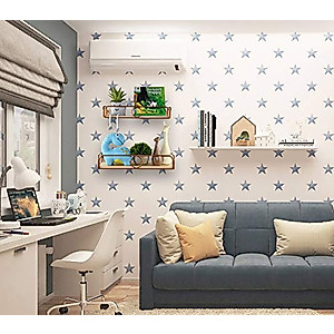 DUCIHBA Set of 2 (Large & Small) Wall Mount Floating Shelves Storage Organize Decorate Display for Nursery Living Kitchen Bedroom Bathroom, Torched Wood with Metal Railing_ Natural Beige & Golden