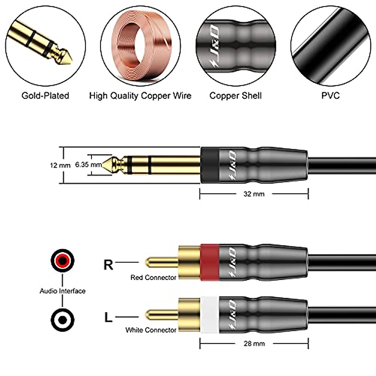 J&D 6.35mm TRS to Dual RCA Audio Cable, Copper Shell Heavy Duty 6.35mm 1/4 inch Male TRS to 2 RCA Male Stereo Audio Y Splitter Cable, 6 Feet