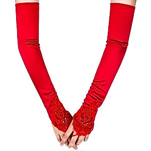 SAVITA Fingerless Long Red Gloves Pierced Elbow Length Satin Gloves 19" Stretchy Opera Evening Party 1920s Gloves for Women