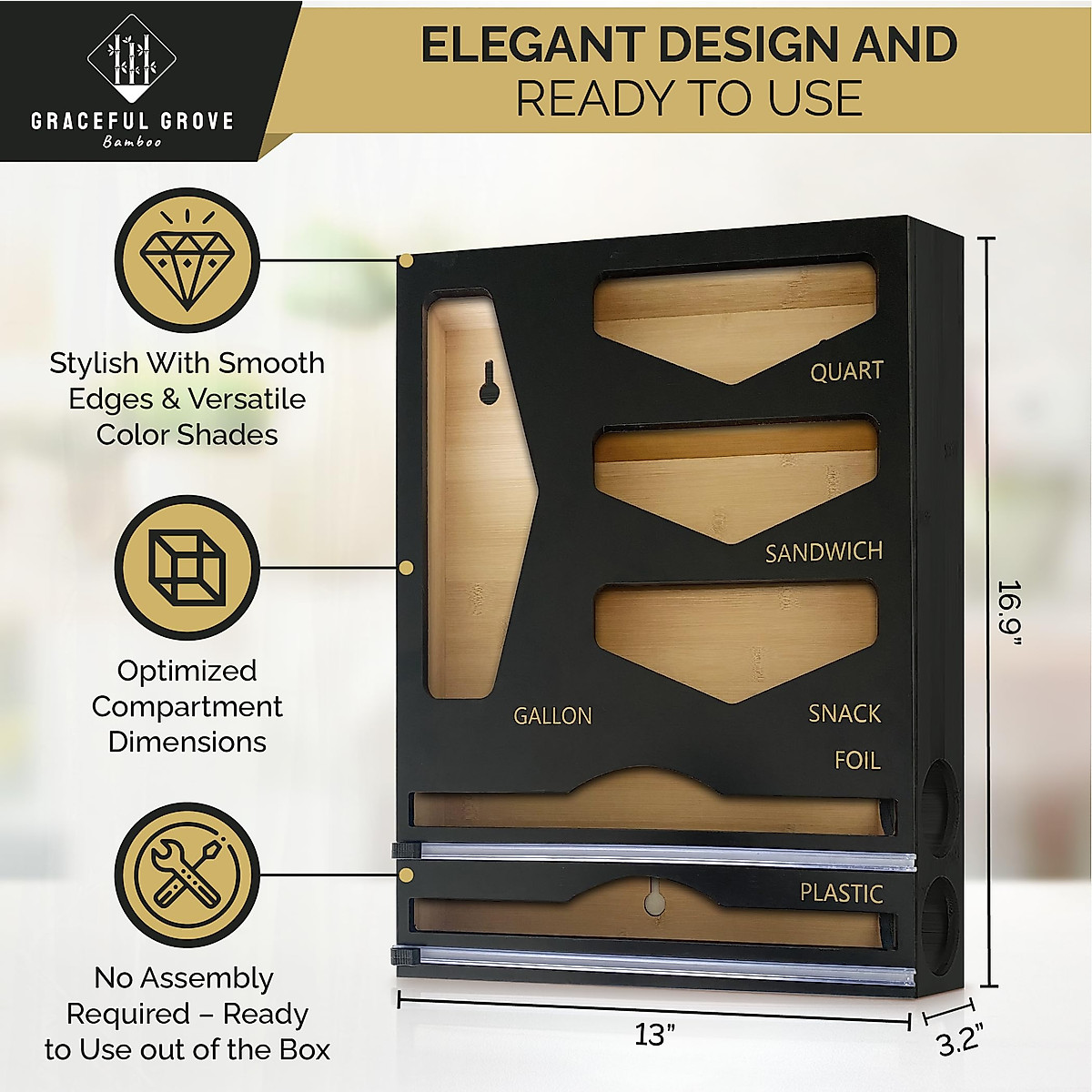 Graceful Grove Bamboo Food Bag Organizer: Kitchen Drawer Organizer with Wrap Dispenser and Cutter - Foil and Plastic Wrap Holder - Fits Gallon, Quart, Sandwich, Snack Bags, and 12" Rolls (Black)