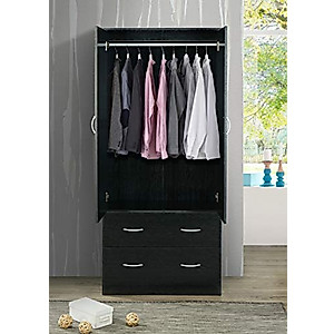 Hodedah Two Door Wardrobe with Two Drawers and Hanging Rod plus Mirror, Black