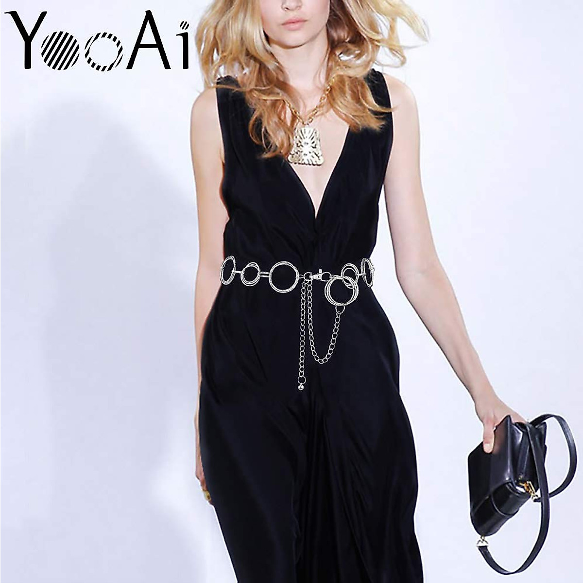 YooAi O-Ring Chain Belts Waist Belt Links for Women Metal Link Chain Gift Silver 135cm