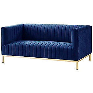 Posh Living Hayden Velvet Tuxedo Loveseat with Y-Metal Base in Navy Blue/Gold