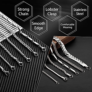 stino 8PCs Stainless Steel Chain Necklace Set for Men Women, Silver Tone Necklace Chains Bulk, Figaro Chain, Snake Chain, Cuban Link Chain, Rope Chain. (8PCs Mixed Style)