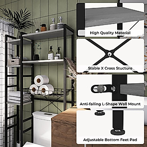GRANNY SAYS Over The Toilet Storage Shelf, 6 Tier Metal Over Toilet Bathroom Organizer, Freestanding Over Toilet Shelf Rack with Basket & Adjustable Shelf for Bathroom, Restroom, Black