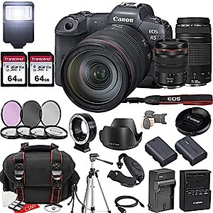 Canon EOS R5 Mirrorless Camera w/RF 24-105mm f/4 L is USM Lens + EF 75-300mm f/4-5.6 III Lens + 2X 64GB Memory + Hood + Case + Filters + Tripod + More (35pc Bundle)