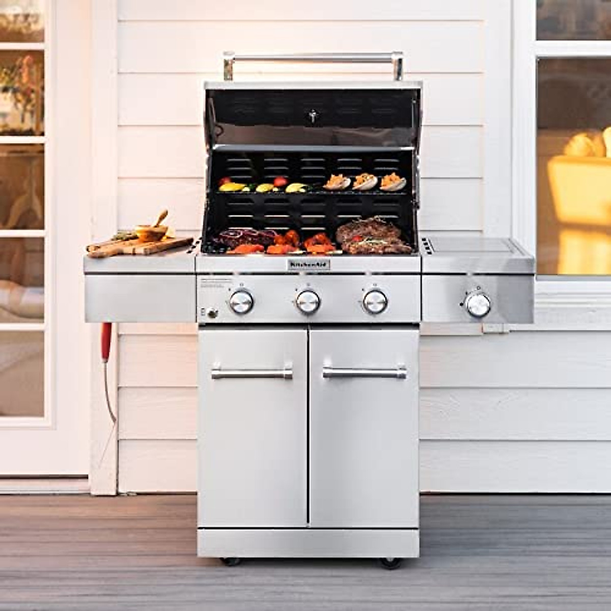 KitchenAid 3-Burner 51,000 BTU Stainless Steel Propane Gas Grill with Infrared Side Burner and Cabinet