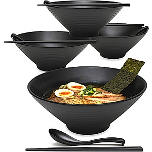 BESTonZON Japanese Style Ramen Bowls, Soup Bowl Melamine Hard Plastic Dishware Ramen Bowl Set with Matching Spoon and Chopsticks for Pho Udon Asian Dishes (4, Black, 9 inches)