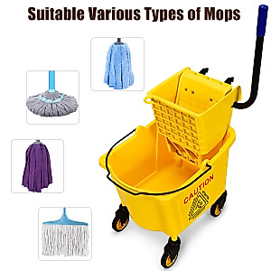 S AFSTAR 24L/26 Quart Commercial Mop Bucket with Wringer, Household Mop Bucket with Wheels & Potable Handle, Industrial Mop Wringer Bucket for Home Office Market Restaurant Hotel (Yellow)