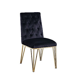 Iconic Home Callahan Dining Side Chair Button Tufted Velvet Upholstered Solid Gold Tone Metal Base Spindle Legs (Set of 2) Modern Contemporary, Black