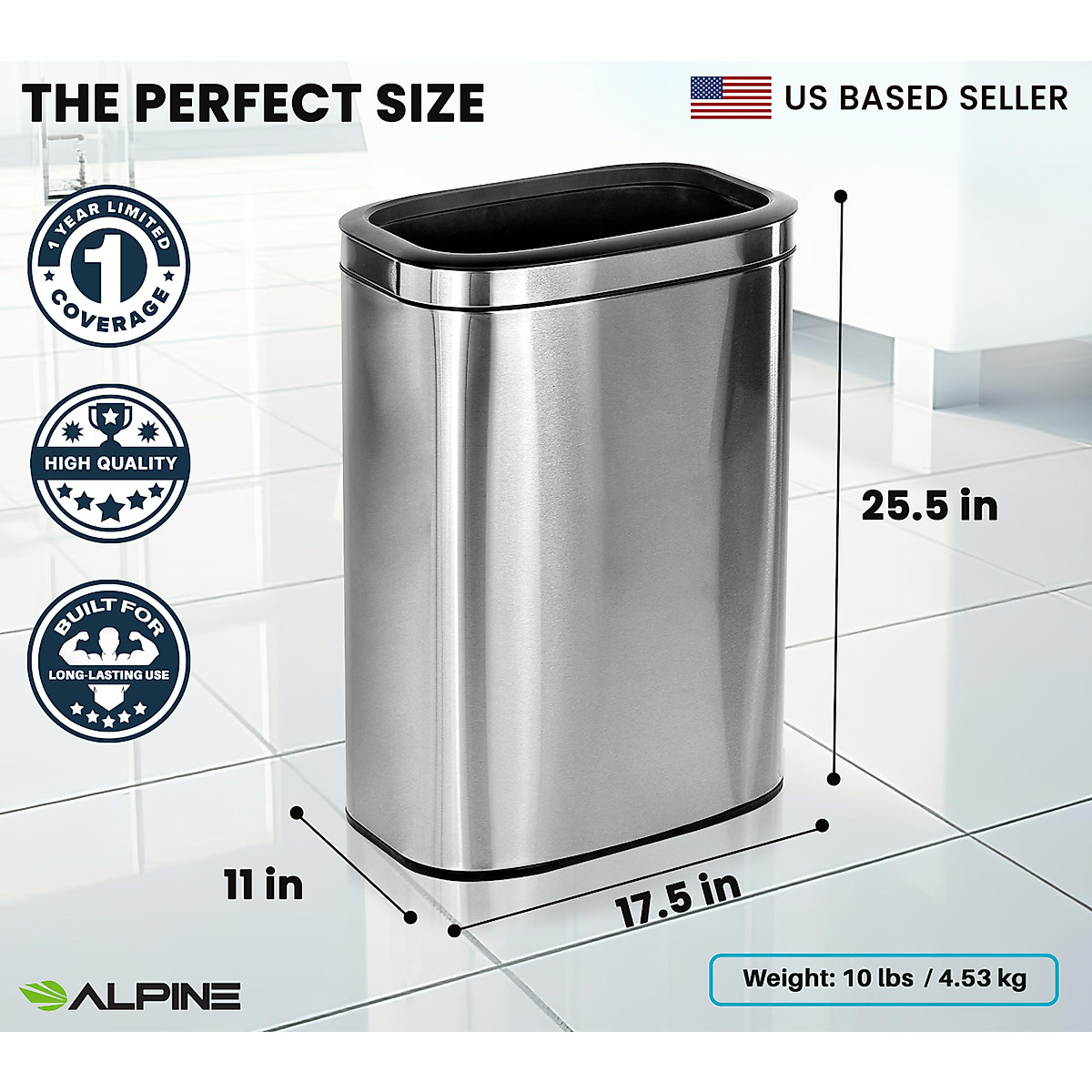 Alpine Industries 40 L / 10.5 Gal Stainless Steel Slim Open Trash Can - Compact Garbage Bin - Wide Access Top Slender Durable Receptacle with Sturdy Plastic Liner