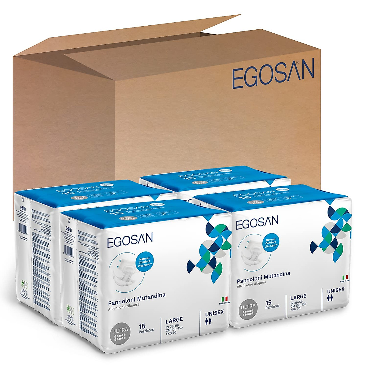 Egosan Ultra Incontinence Disposable Adult Diaper Brief Maximum Absorbency and Adjustable Tabs for Men and Women (Large Case, 60-Count)