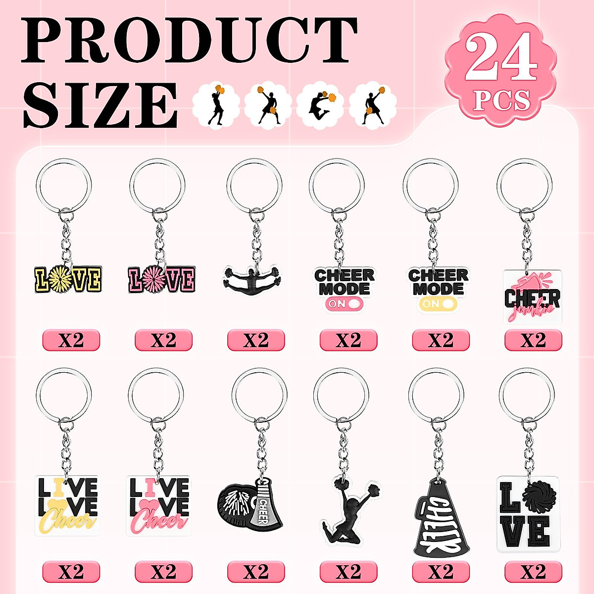 Olgaa 48 PCS Cheerleader Gifts 24 PCS Cheer Bag Portable Cheer Makeup Bag PVC 24 PCS Keychain Cheerleaders Bulk Cheerleading Gifts Cheer Keyring for Women Girls Cheerleader Teammates Cheer Bag