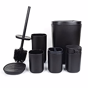 Bathroom Accessories Bath Set of 6 Complete, Toothbrush Holder, Soap Dispenser, Garbage Trash Can, Soap Dish, Toothbrush Cup and Toilet Brush Holder, Black