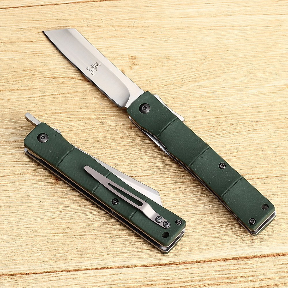 KATSU Handmade D2 Steel Blade G10 Handle Bamboo Style Japanese Razor Pocket Folding Knife with Pocket Clip