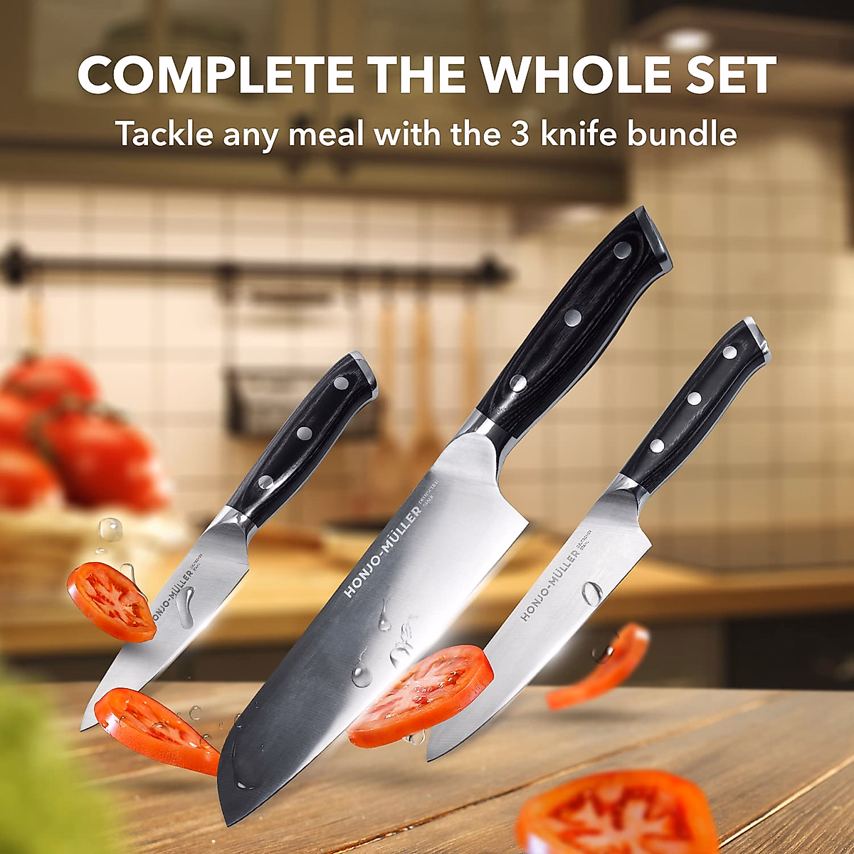 Honjo Muller Santoku Knife 7 Inch - Sharp Japanese-Style Kitchen Chef Knife | Full Tang Stainless Steel Cooking Knives | Cutting, Chopping, Slicing