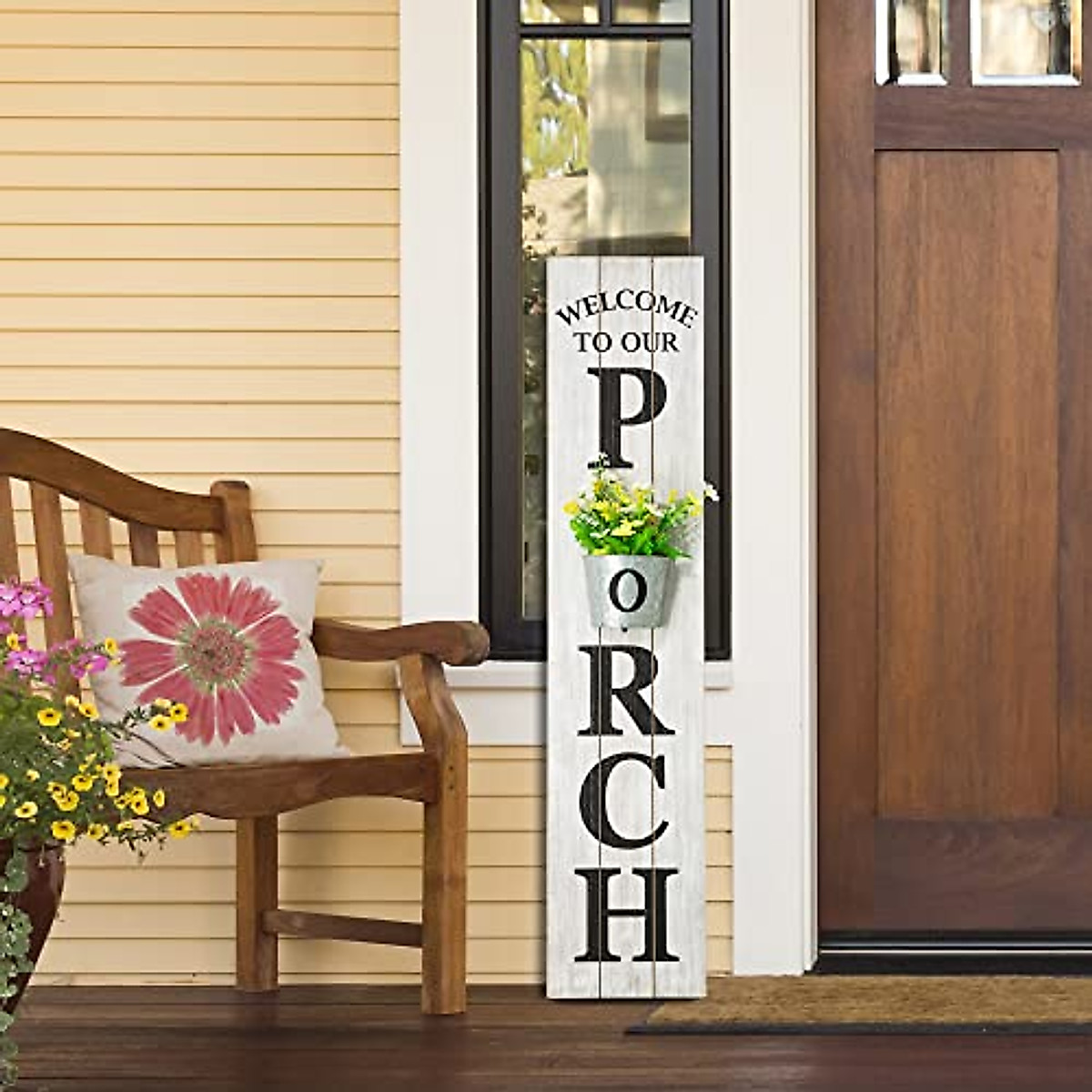 Glitzhome 42"H Wooden Welcome Porch Sign for Front Door with Cute Metal Hanging Planter, Washed White