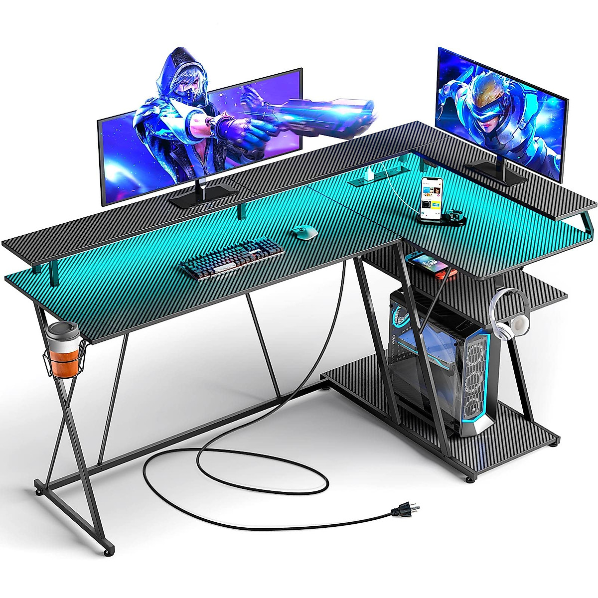 SEVEN WARRIOR L Shaped Gaming Desk with LED Lights & Power Outlets, 63” Reversible Corner Desk with Storage Shelf, Computer Desk with Monitor Stand, Gaming Table with Cup Holder, with Hooks, Black