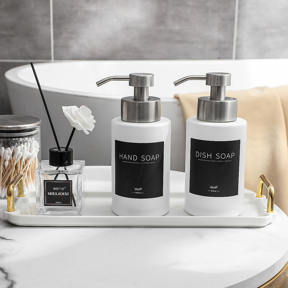 Foaming Soap Dispenser Set, 17 Oz White Glass Hand Soap Dispenser with 304 Rust Proof Stainless Steel Pump, Waterproof Labels, Bottles for Bathroom Decor Kitchen College Dorm, 2 Pack