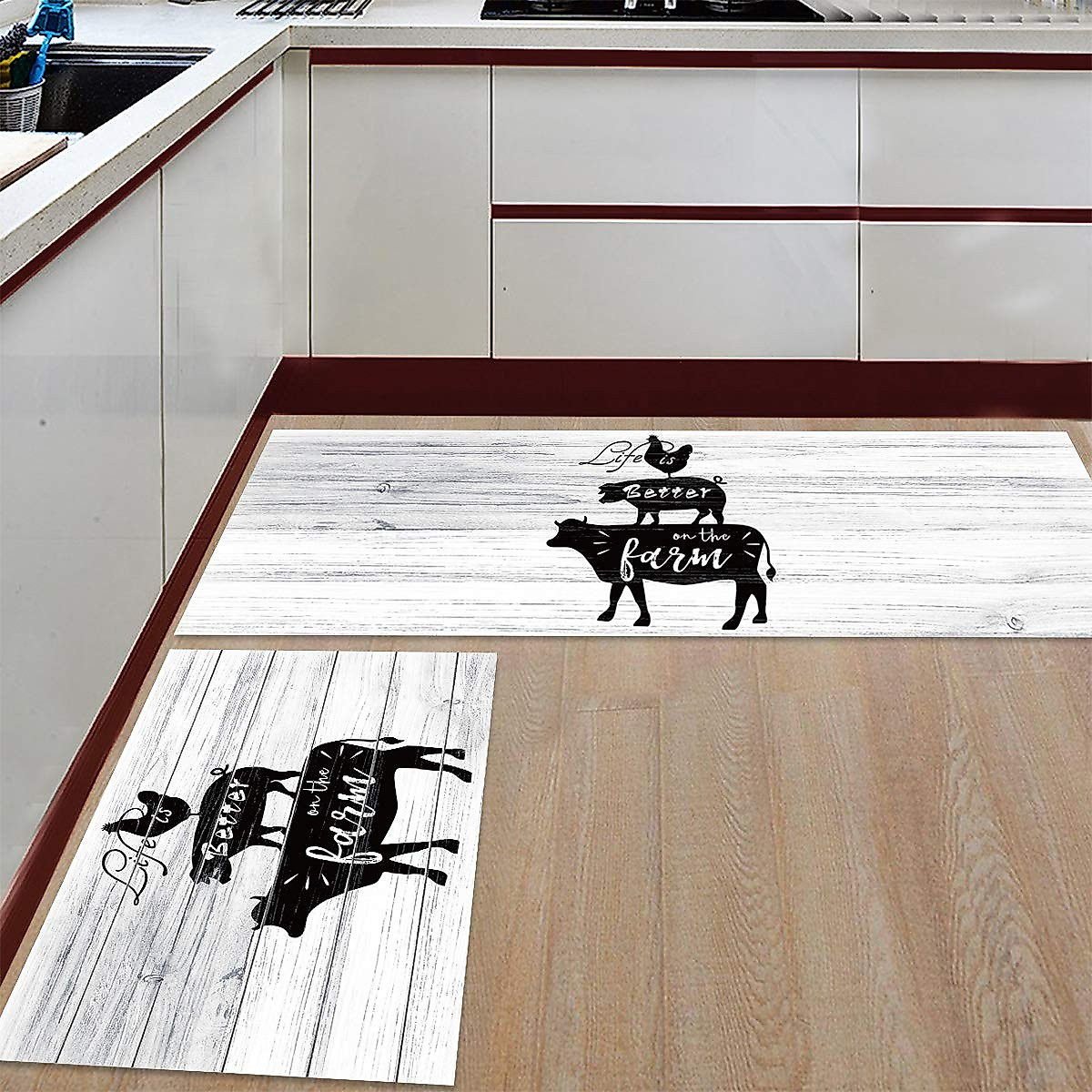 Rooster Pig Cow Kitchen Rug Sets of 2, Washable Carpet for Kitchen Floor, Non-Slip Kitchen Mat Set, Absorbent Area Rugs 15.7x23.6inch+15.7x47.2inch, Farm Animals Life Is Better on the Farm on Wooden