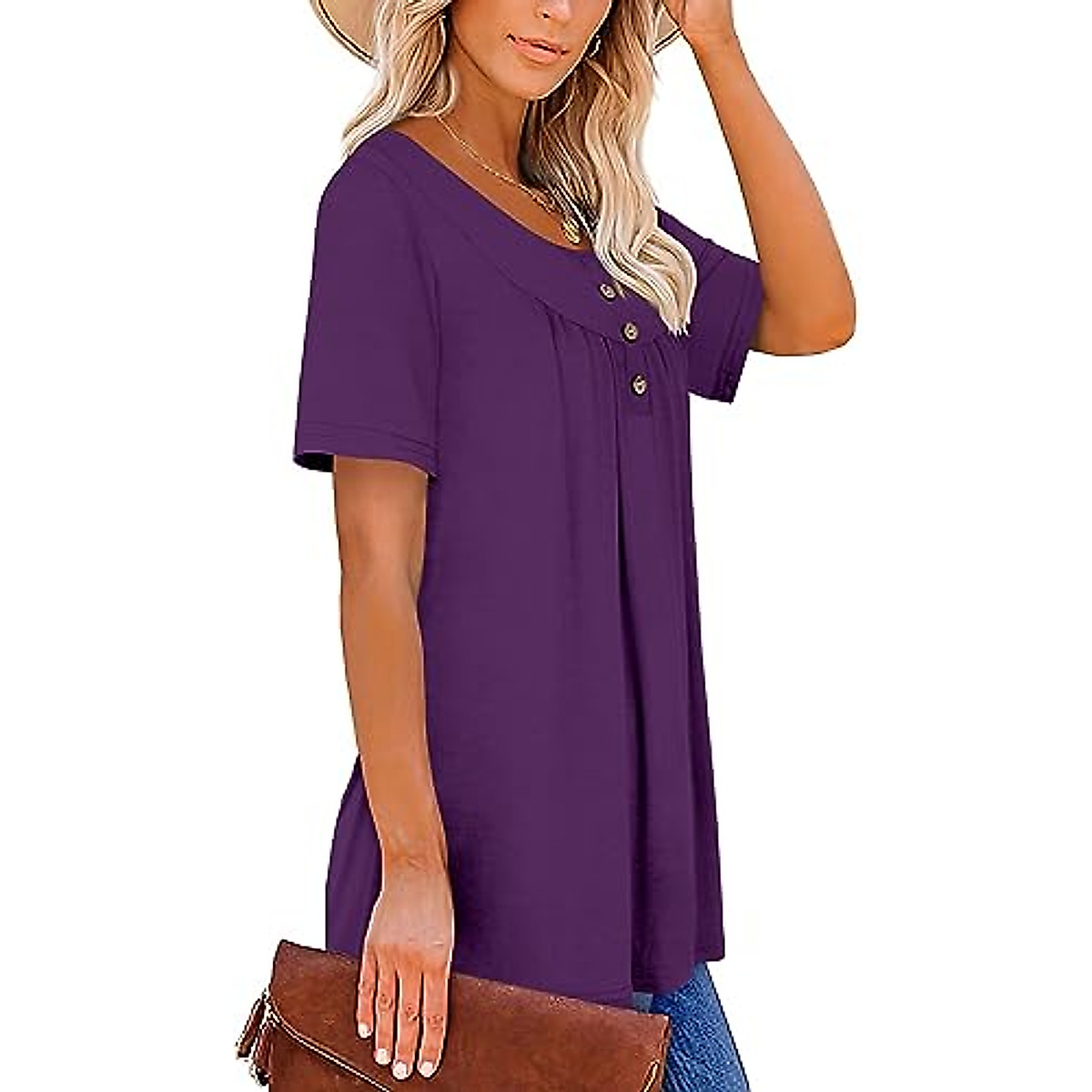 Mystry Zone Women's Vintage Short Sleeve Henley V Neck Pleated Tunic Shirt Purple Large