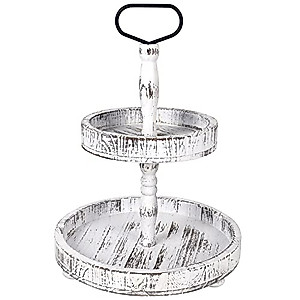 Rustic Wooden Tiered Tray, Farmhouse Decorative Tray, Round Serving Tray with Metal Handle for Home Kitchen Shelf Dinning Table Seasonal Holiday Decorations, White