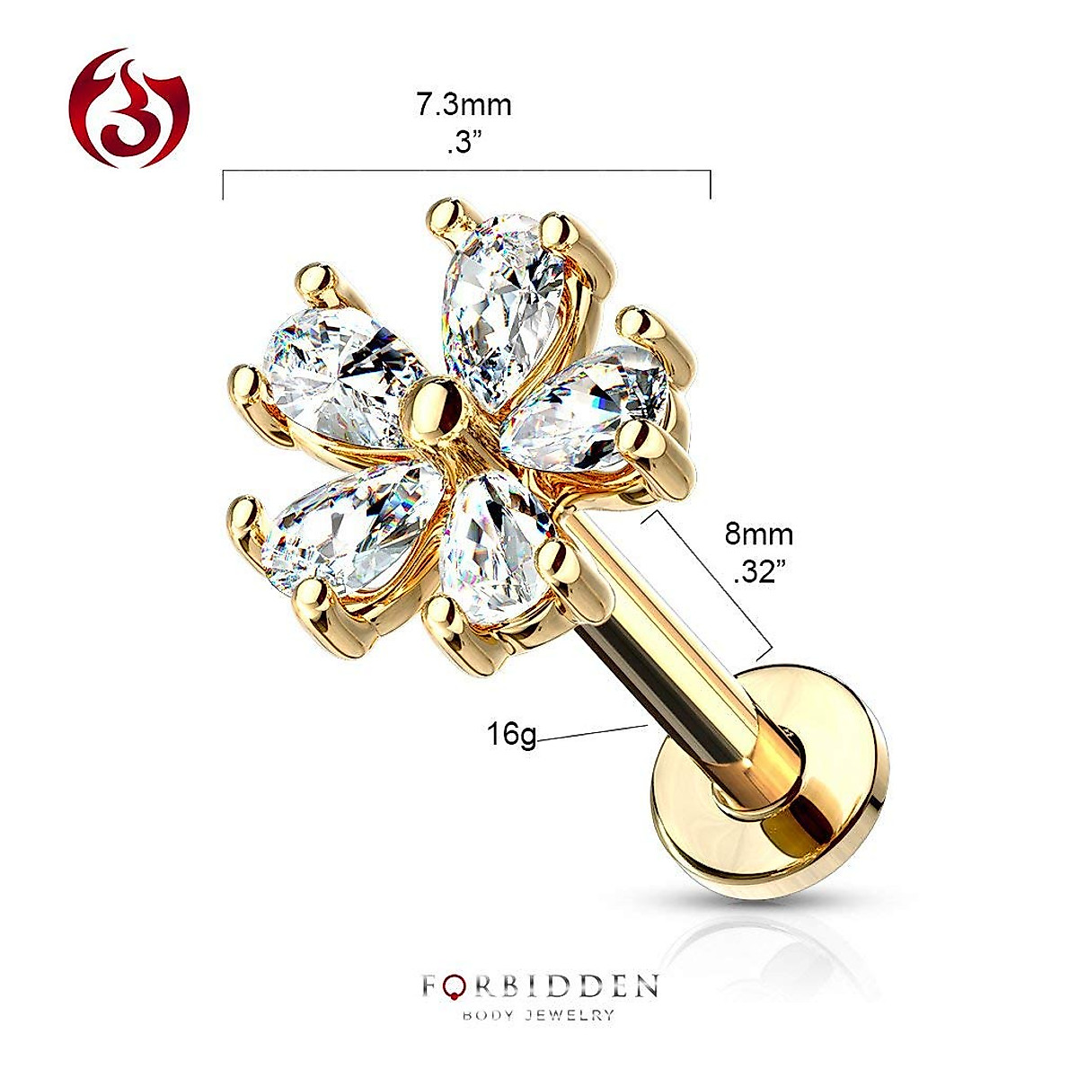Forbidden Body Jewelry 16g 8mm Internally Threaded Cartilage, Tragus, Labret & Monroe Stud w/CZ Floral Top, 14k Gold Plated