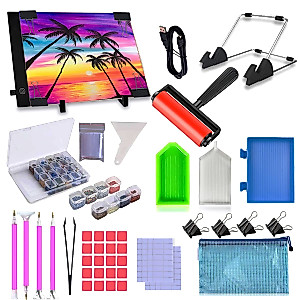 LIRUNQIU 59 Pcs Diamond Painting A4 LED Light Pad Kit, 5D Diamond Painting Accessories Tool Kit Full Drill for Adults and Kids, Supplies Includes Storage Case, Pens,Stand,Pad Board and More