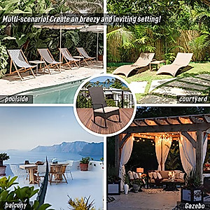 Outdoor PE Wicker Rocking Chair 3-Piece Patio Rattan Bistro Set 2 Rocker Armchair and Glass Coffee Side Table Furniture Washable Lacing Khaki Cushions