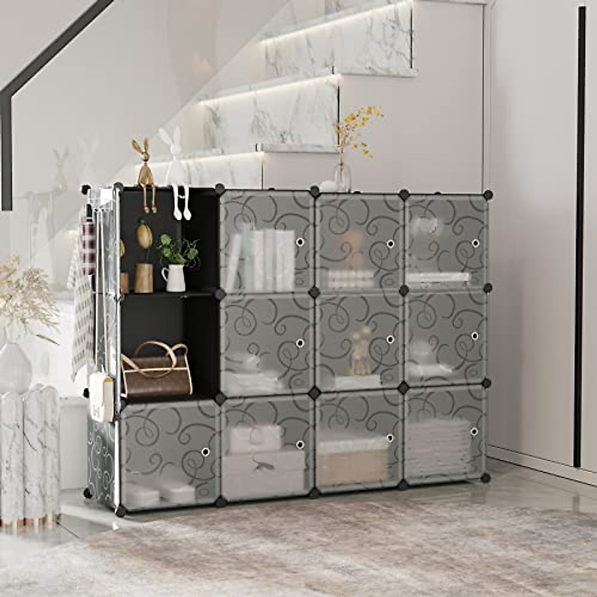 C&AHOME Cube Storage Organizer with Doors, 12-Cube Shelves, Closet Cabinet, DIY Plastic Modular Bookshelf Ideal for Bedroom, Living Room, 36.6”L x 12.4”W x 48.4”H Black USHS3012B-DOOR