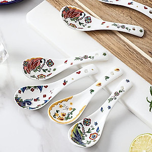HonHeam Ceramic Soup Spoons Set, Bohemian Porcelain Rice Spoons, Colorful Glaze Flower Pattern Tableware Spoons Set of 4