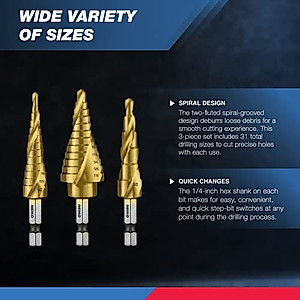Neiko - 43219-22909 10181A Quick Change HSS Titanium Coated Spiral Grooved Step Drill Bit 3-Piece Set | 31 Step Sizes in One Kit