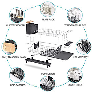 KINGRACK 2 Tier Dish Rack,304 Stainless Steel Dish Drainer,Large Capacity Dish Drying Rack with Drip Tray,Removable Cutting Board Wine Glasses Cups Holder for Kitchen,Medium Size