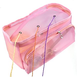 SHINEOFI Needles Organizer Clothes Hanging Rack Stand Organizer Pouch Woven Tote Wool Storage Bag Clear Makeup Bag Organizer Knitting Storage Bag Yarn Hanger Rack Travel Mesh Pink