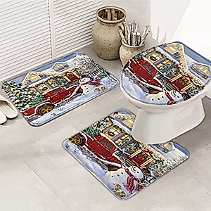 Zadaling Merry Christmas Bath Mat 3 Piece Bathroom Rugs Set Non Slip, Soft Water Absorbent fot Tub Xmas Tree Red Truck Snowman Farm Bathroom Rugs,Toilet Seat Cover,U-Shaped Toilet Floor Mat,Large