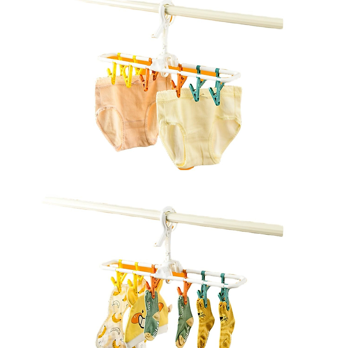 Trrcylp Clothes Drying Racks 2 Pack Collapsible Portable Lockable Underwear Hangers with 24 Clips Socks 360° Rotatable Windproof Hook for Drying Towels Bras Clothes Gloves Plastic White