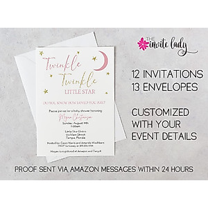 Twinkle Little Star Baby Shower Invitation Over the Moon Invites Pink Gold Girls Glitter Custom Customize Personalize Printed Cards (12 Count)